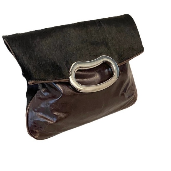 Jalda | Bags | Jalda Maroon Leather Black Calf Hair Bean Bag Clutch ...
